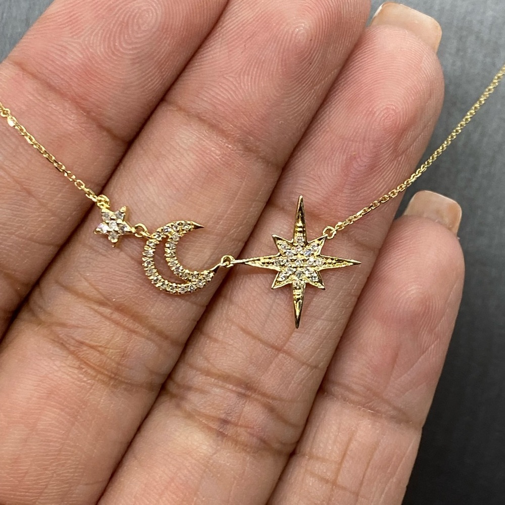 14k Gold Diamond Moon & Star Necklace - Gem